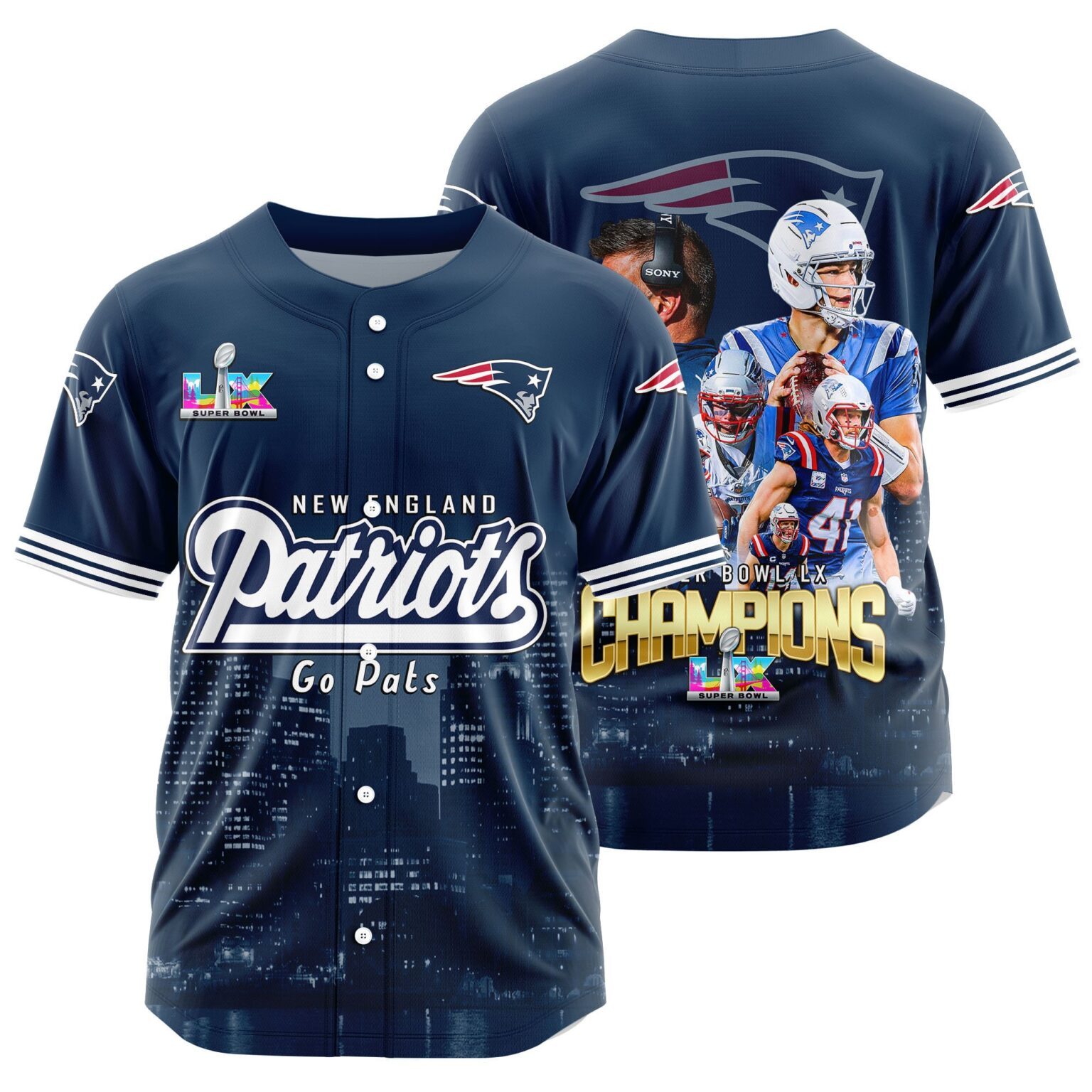 New England Patriots Super Bowl LX Champions Style Baseball Jersey ...